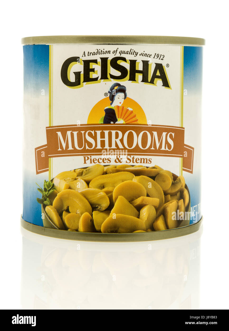 Winneconne, WI - 13 May 2017: A can of Geisha mushrooms on an isolated ...