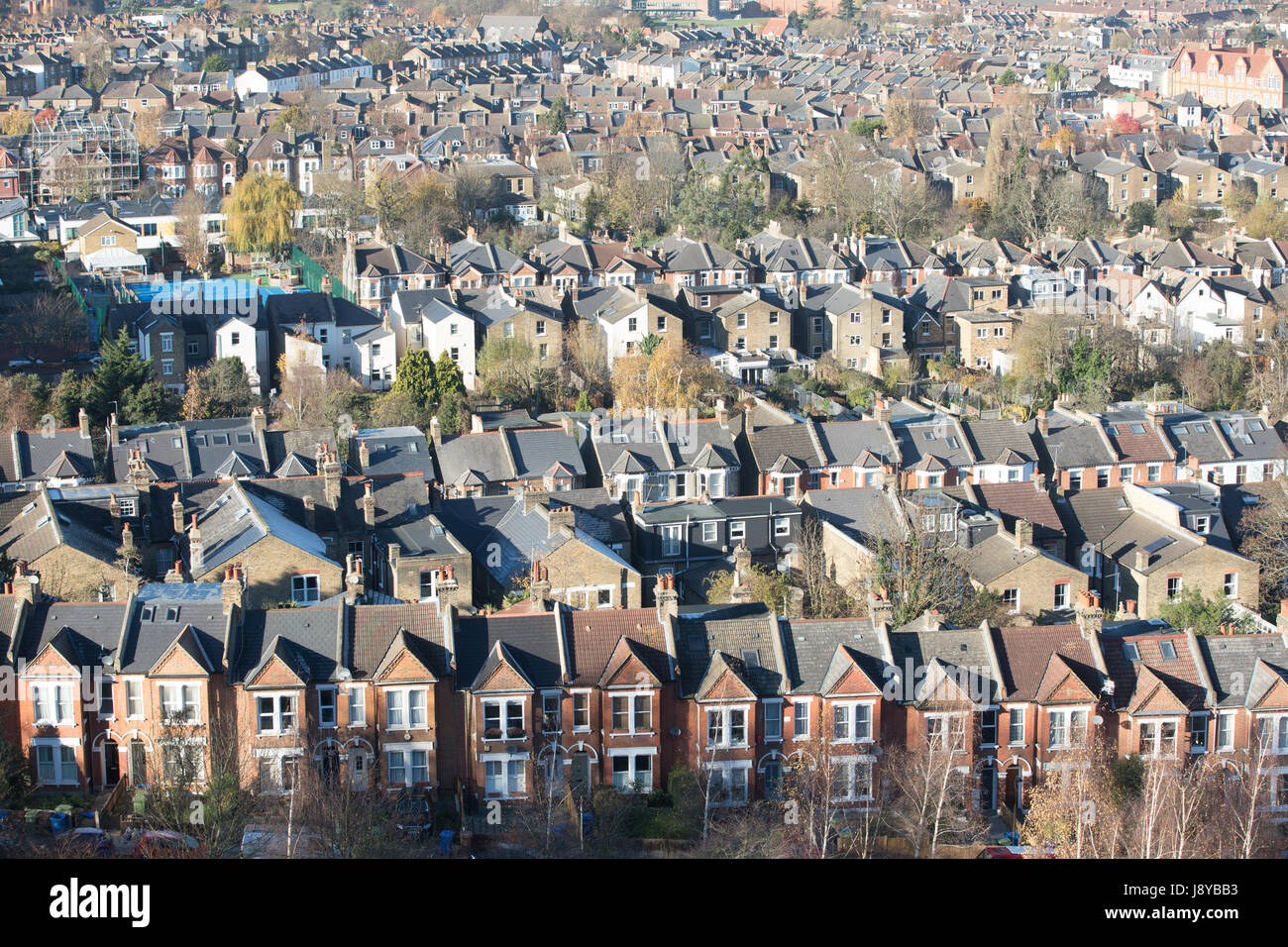 An aerial view over south London terraced housing stock looking north ...