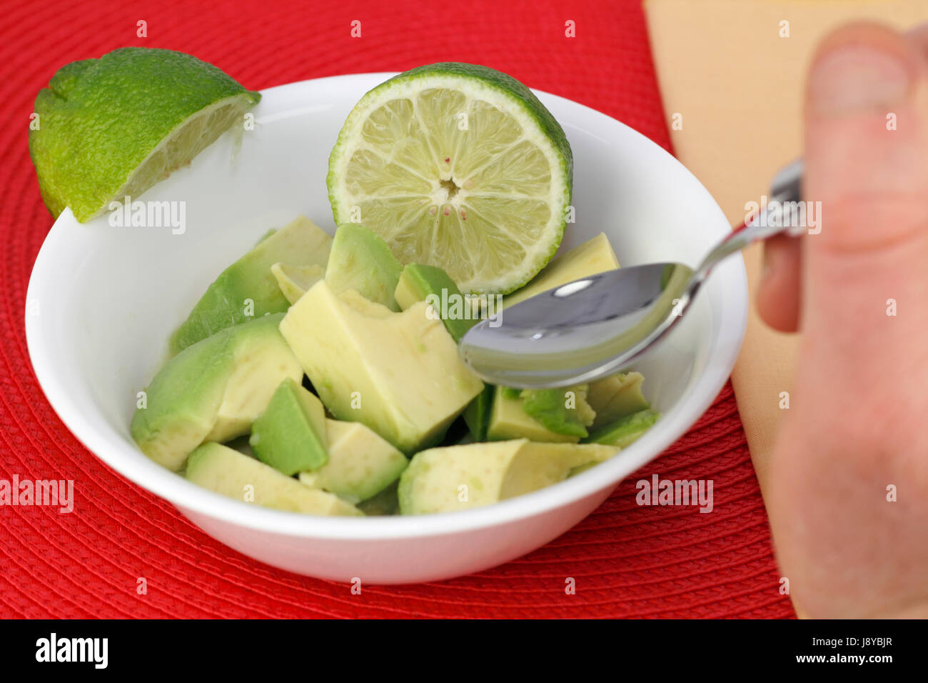 hand, juice, edge, half, lime, spoon, avocado, humans, human beings ...