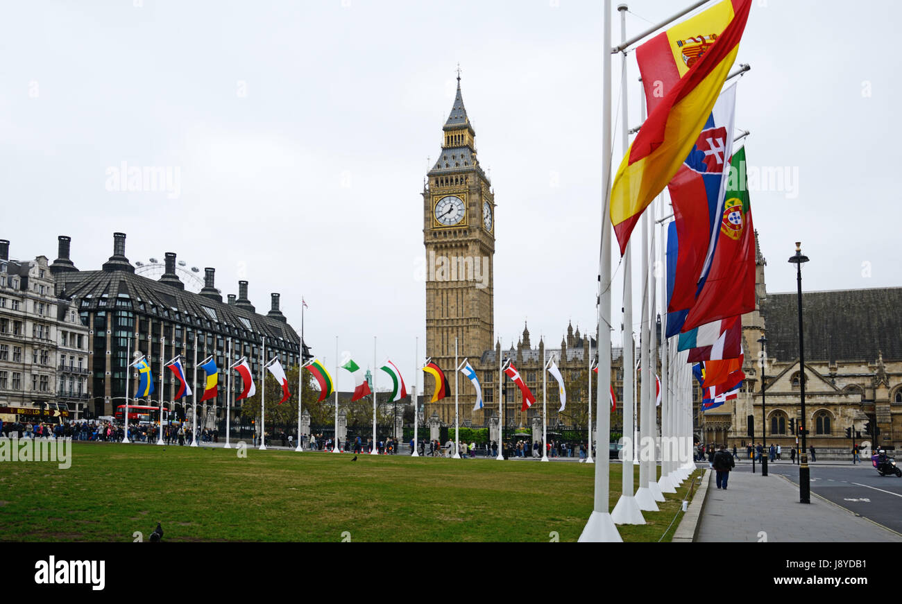 Flags, & Big Ben, Parliament Square, London, England Stock Photo - Alamy