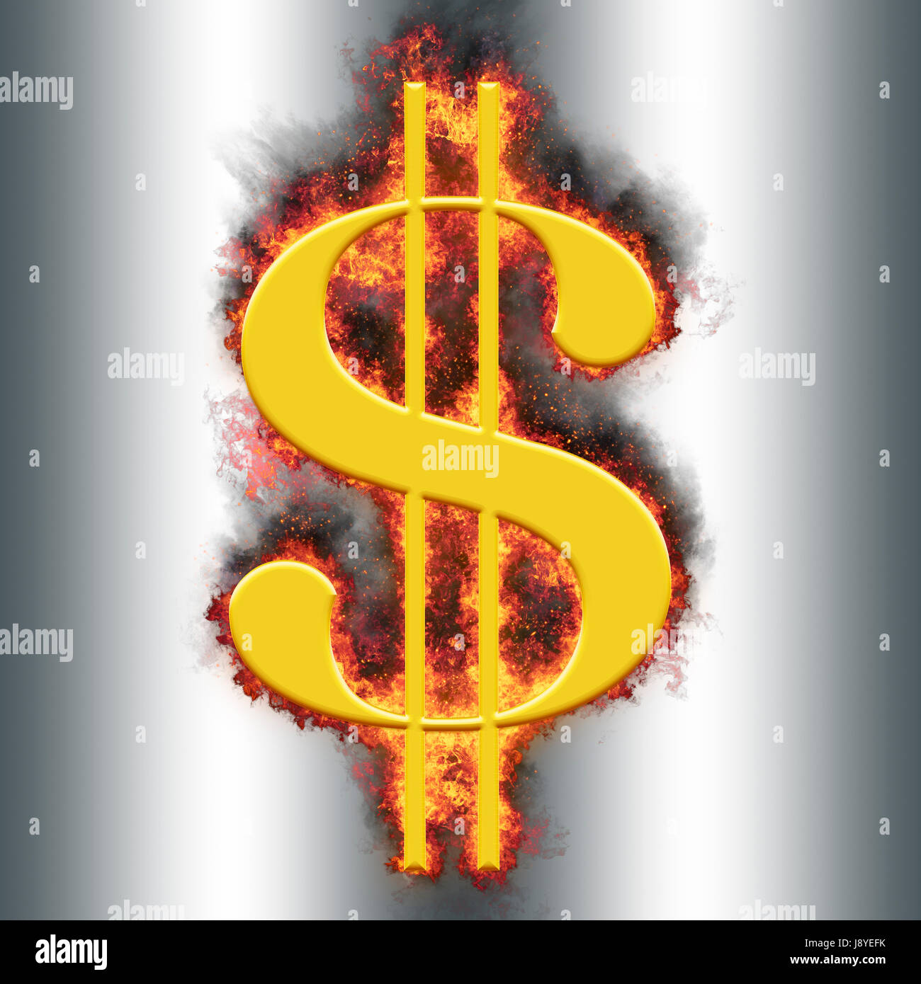 Golden American dollar symbol in bursting flames, isolated against the ...