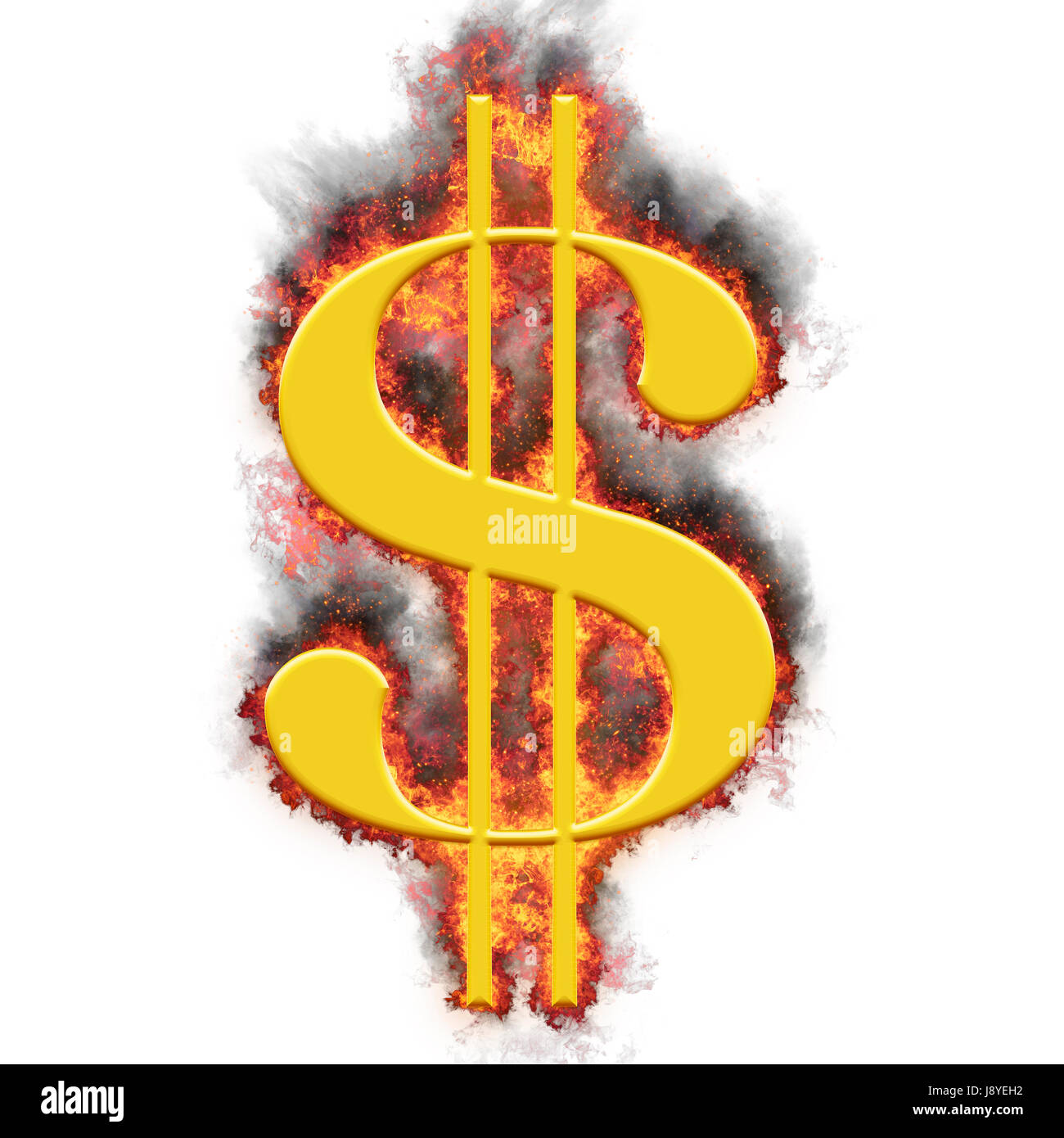 Golden American dollar symbol in bursting flames, isolated against the ...