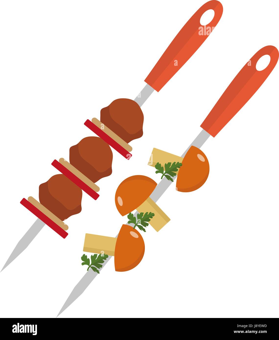 Shish kebab on skewers with pork and mushrooms icon, flat style. Isolated on white background ...