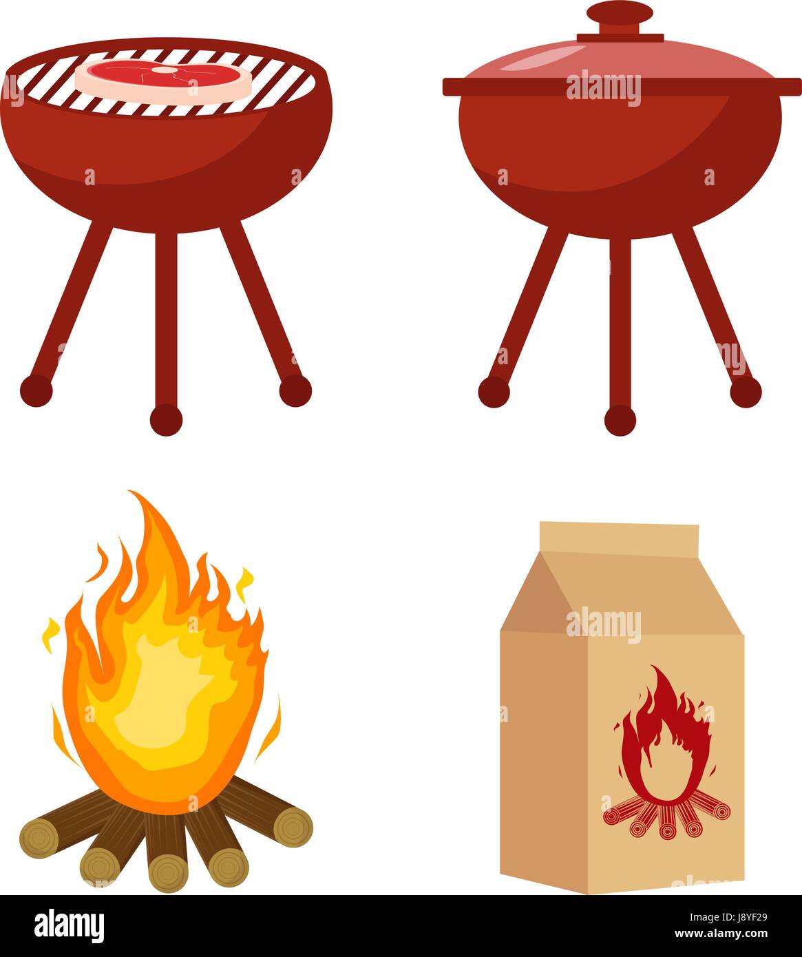 Set for barbecue and grill with charcoal, bonfire. Collection for BBQ ...