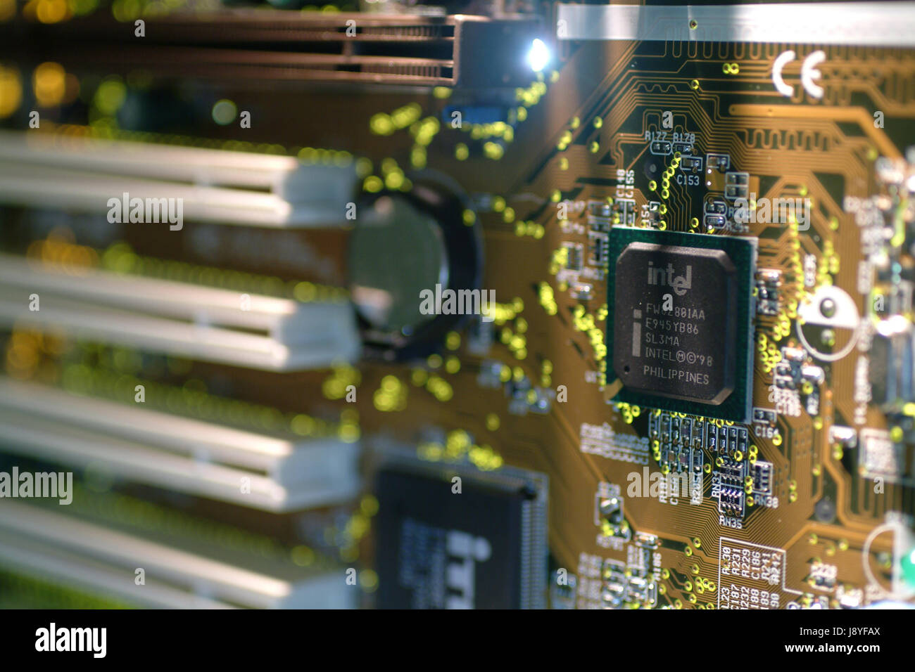 Close-up of the pcb track of a desktop computer motherboard detail cpu ...