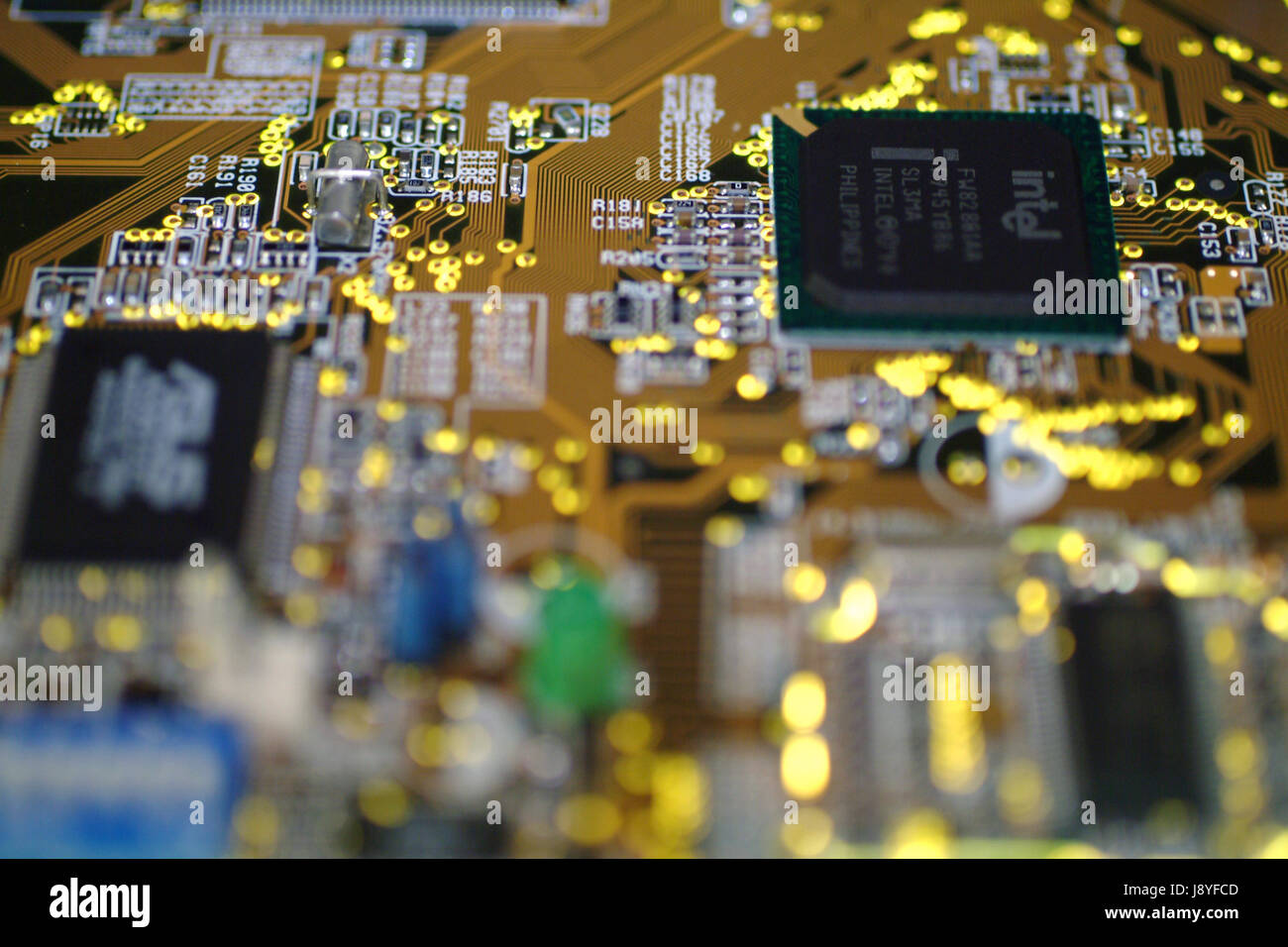 Close-up of the pcb track of a desktop computer motherboard detail cpu ...