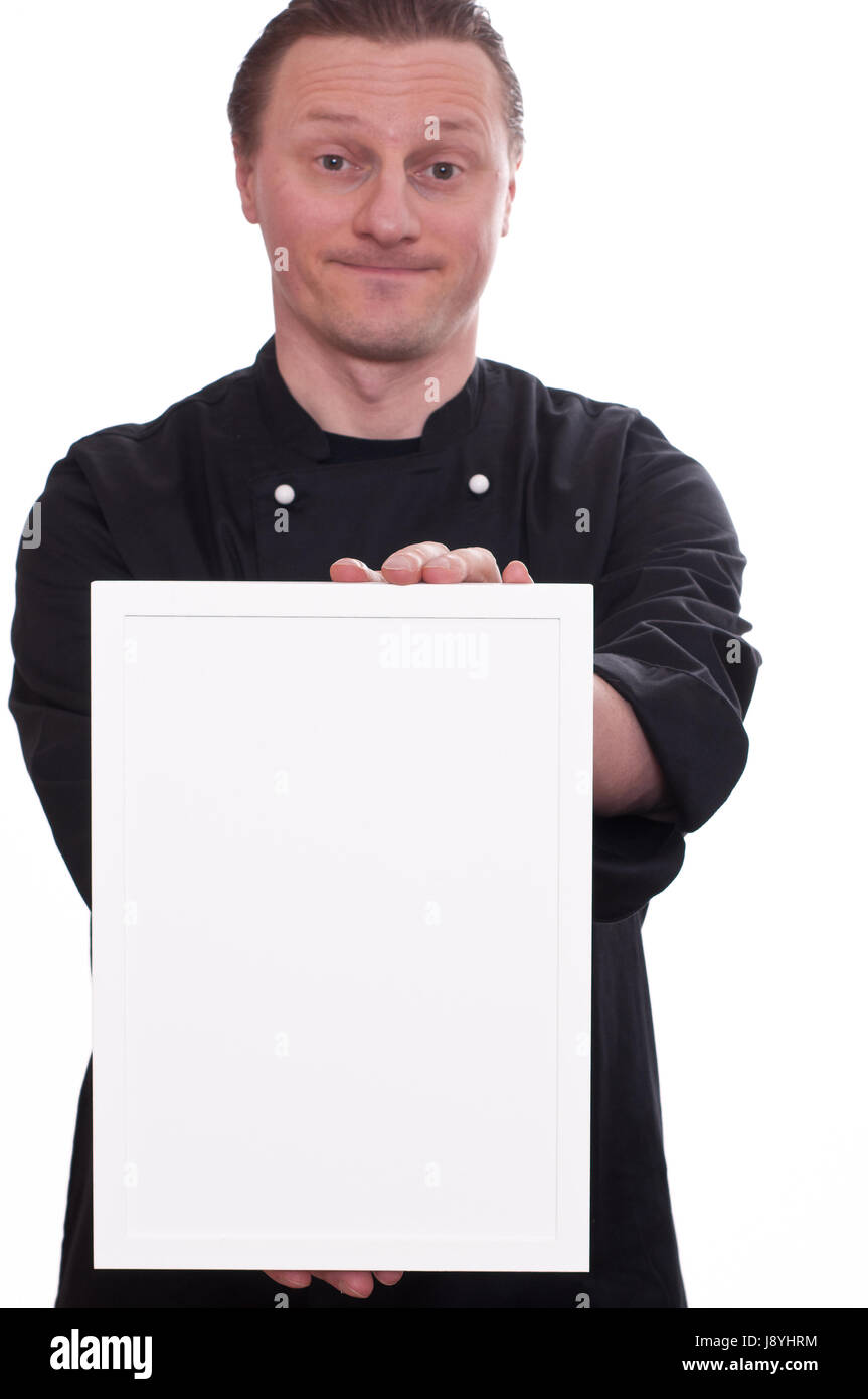 smiling chef holding white picture frames Stock Photo - Alamy