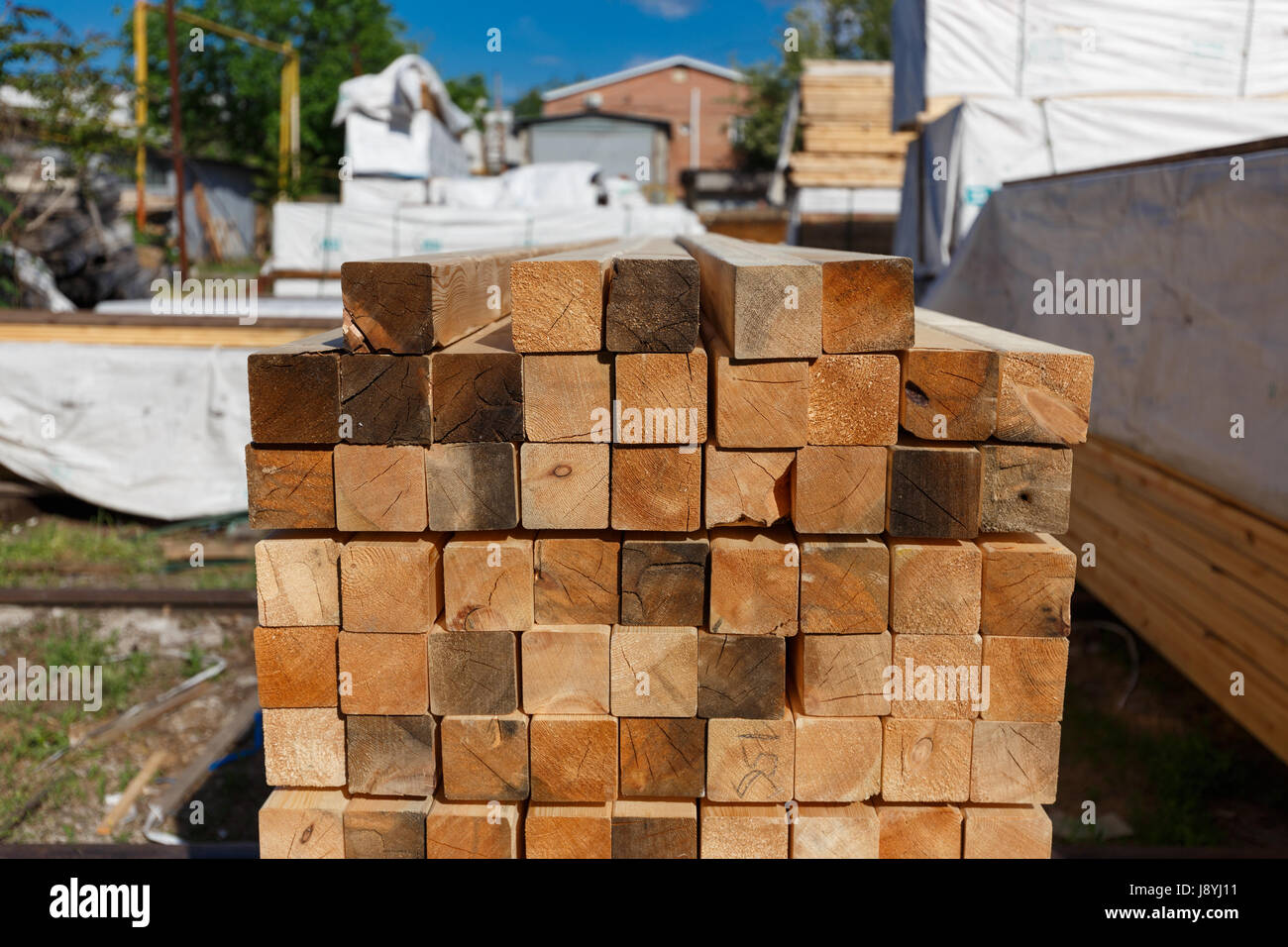 Close up photo of stack wood beams in the factory Stock Photo - Alamy