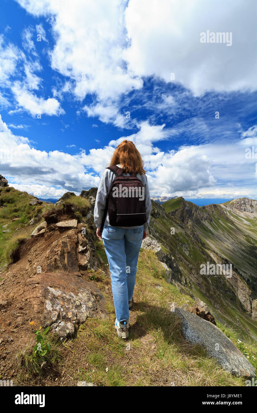 woman, dolomites, alps, hiking, mountain, pathway, italy, woman, blue ...