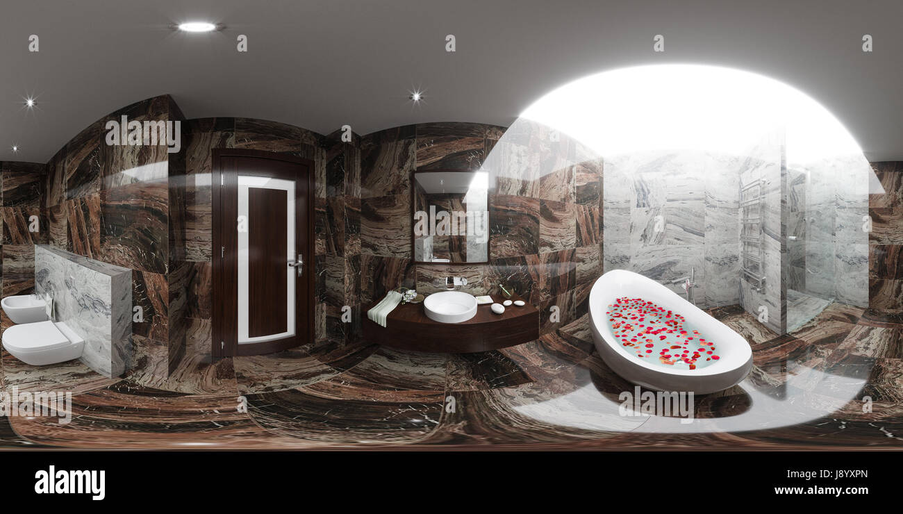 3d illustration spherical 360 degrees, seamless panorama of bathroom ...