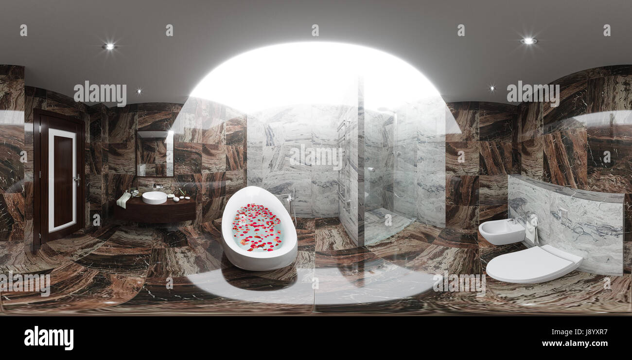 3d illustration spherical 360 degrees, seamless panorama of bathroom ...