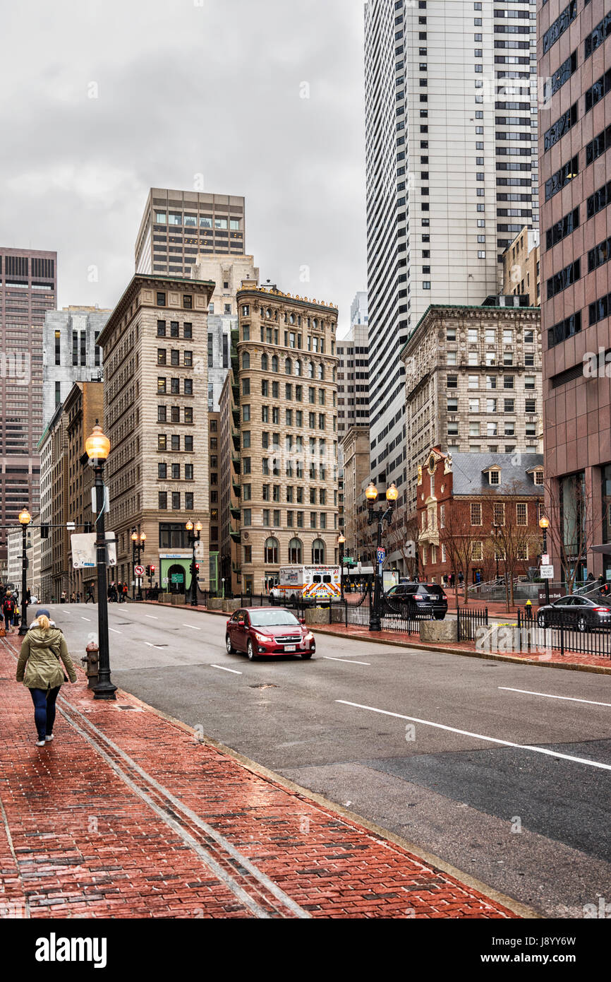 Boston, USA - April 27, 2015: Tall buildings on State Street in ...