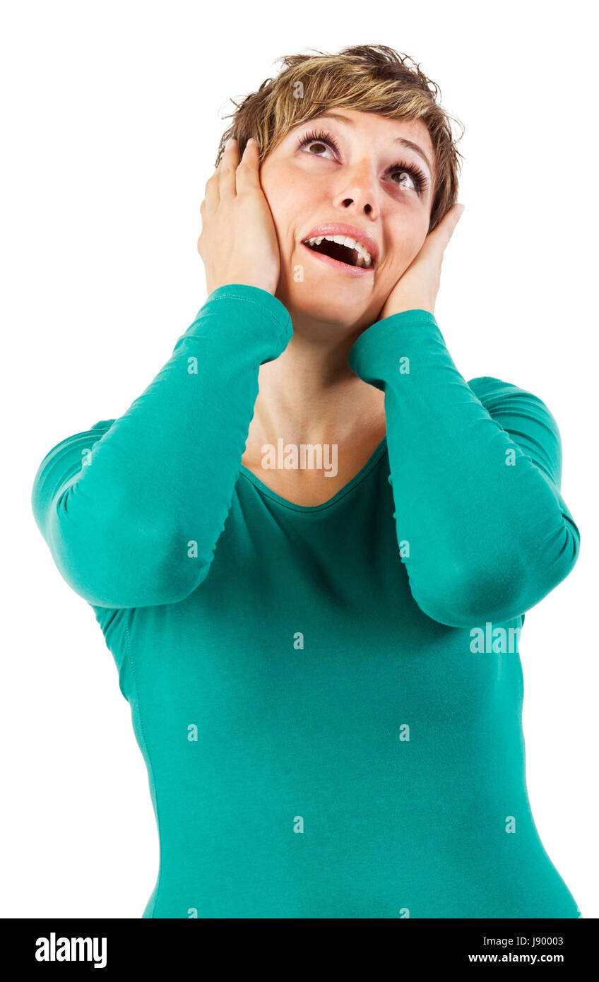 beautiful woman looking happily surprised Stock Photo - Alamy