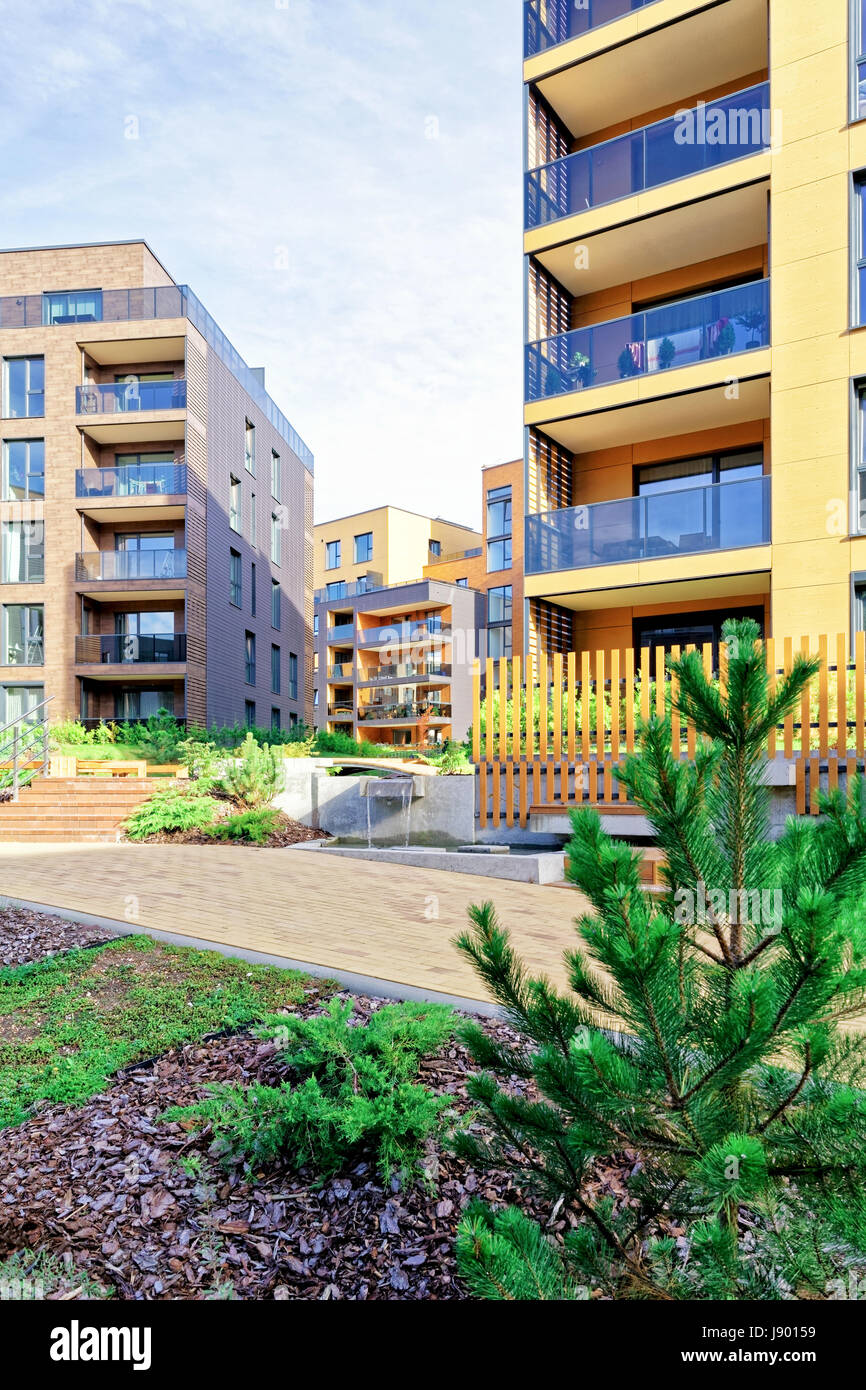 Pine tree at Modern architectural complex of apartment residential ...