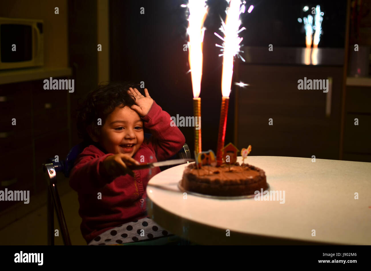 A girl enjoying while blowing candles and cutting her birthday cake ...