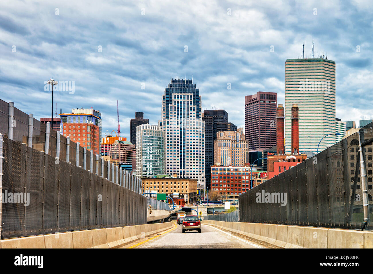 Skyscrapers and the road with car traffic, Boston, MA, USA Stock Photo ...