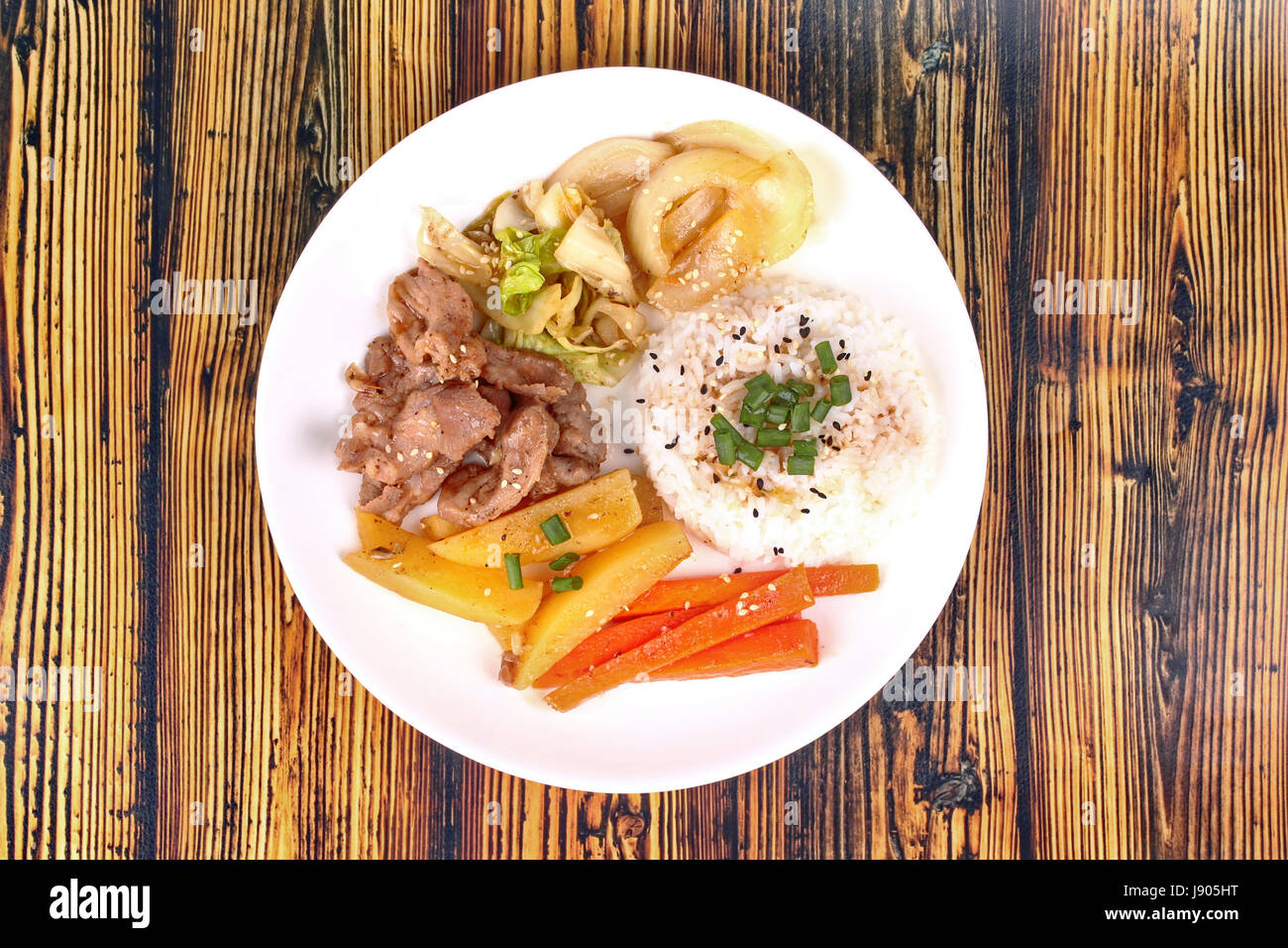 Thai jasmine rice in American Korean style, Rice with sliced pork steak ...