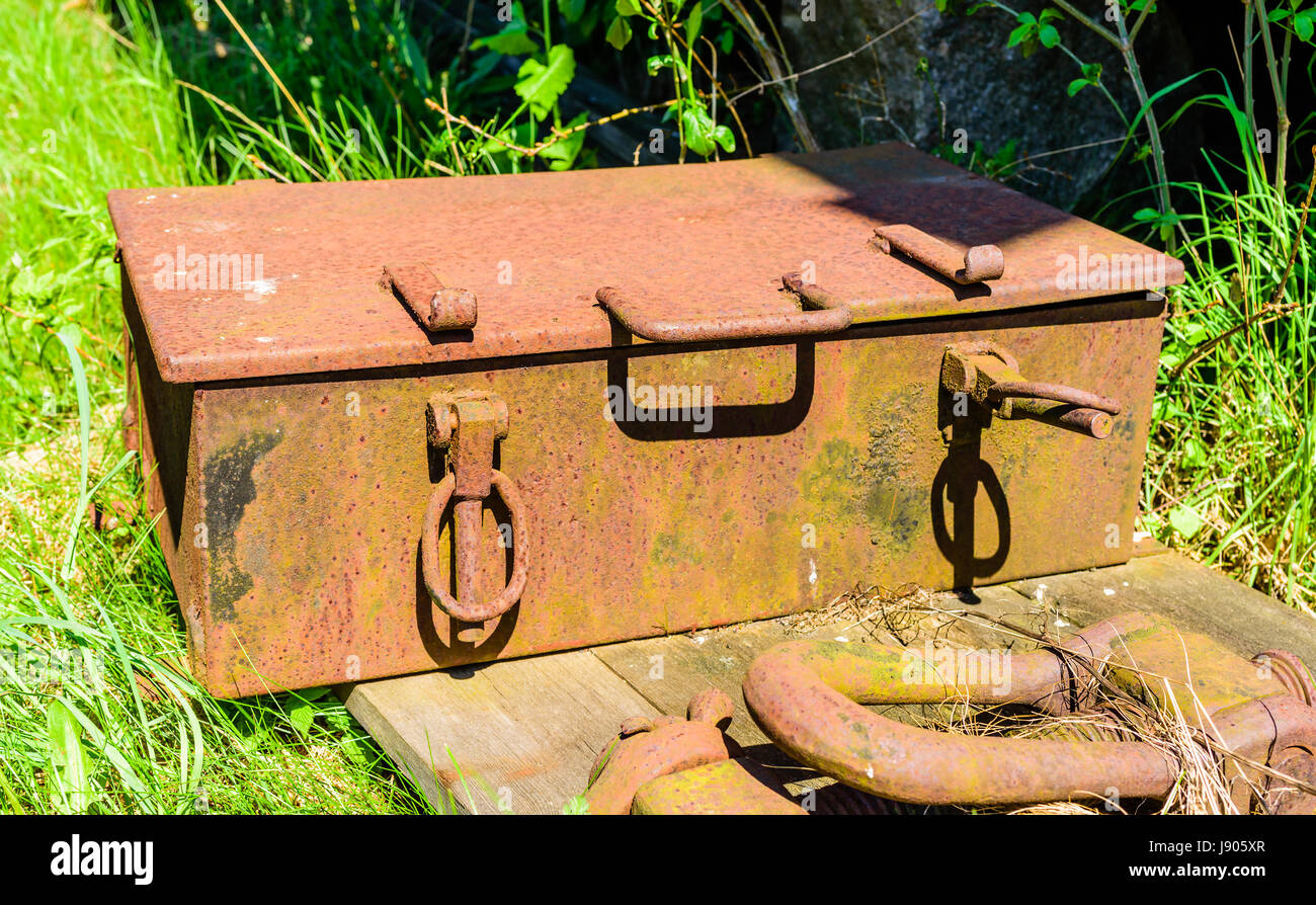 Rusty old steel box on planks on the ground Stock Photo - Alamy