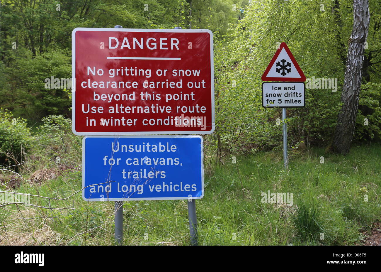 Warning sign for ice and snow drifts near Kenmore Scotland May 2017 ...