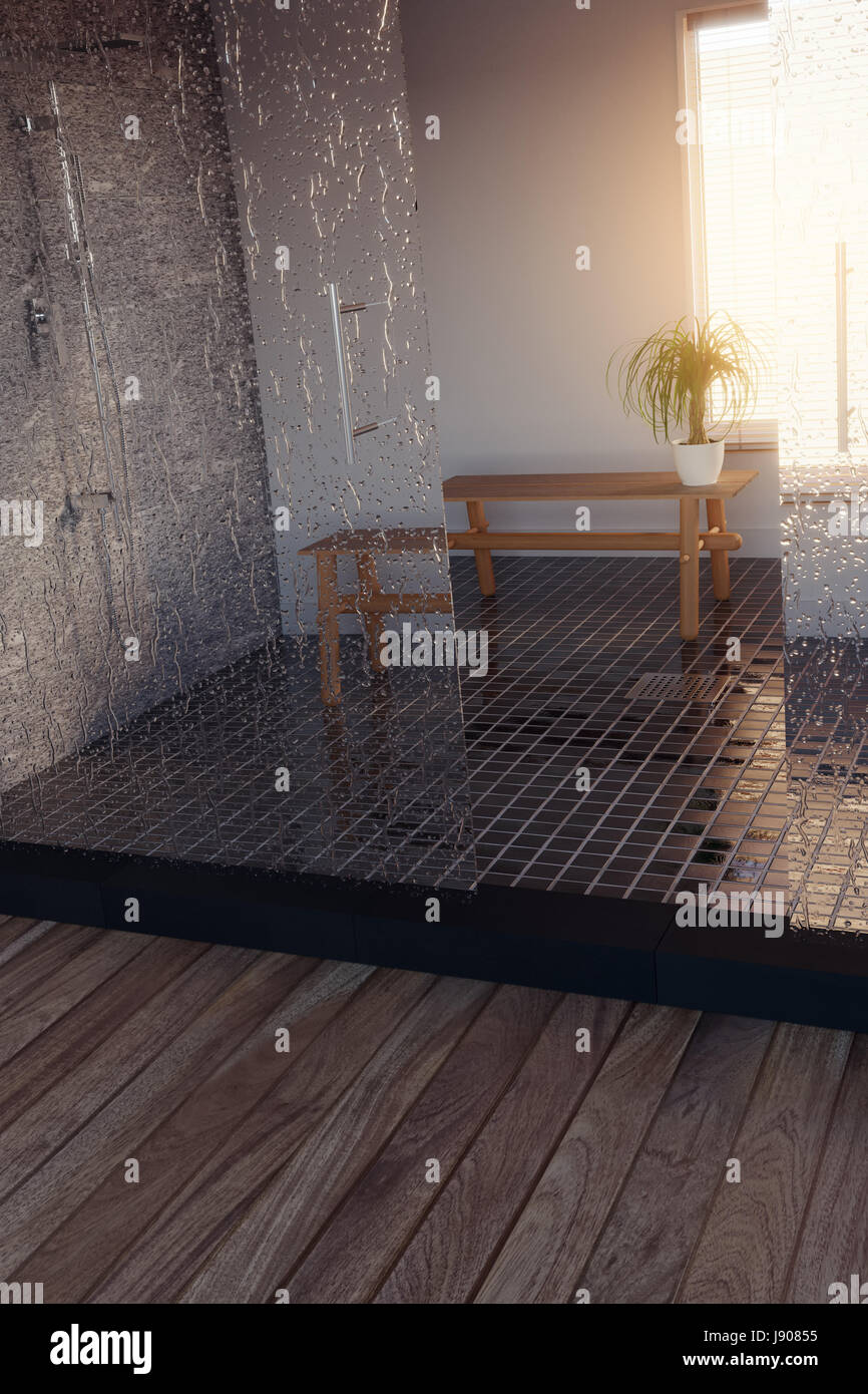 3d rendering of shower room with rain dropped glass wall in warm ...