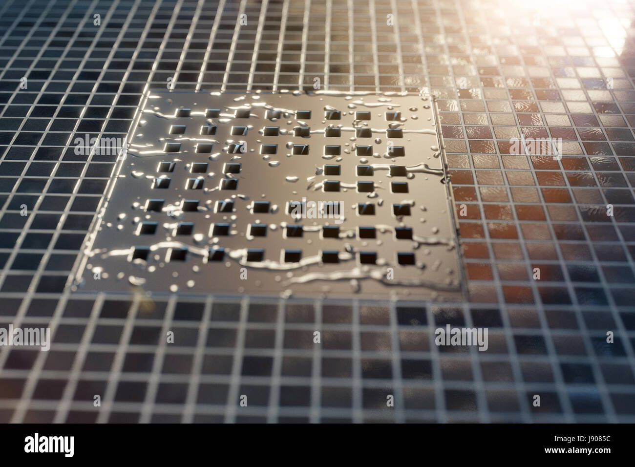 3d rendering of water drops on metal gutter in the evening sunshine ...