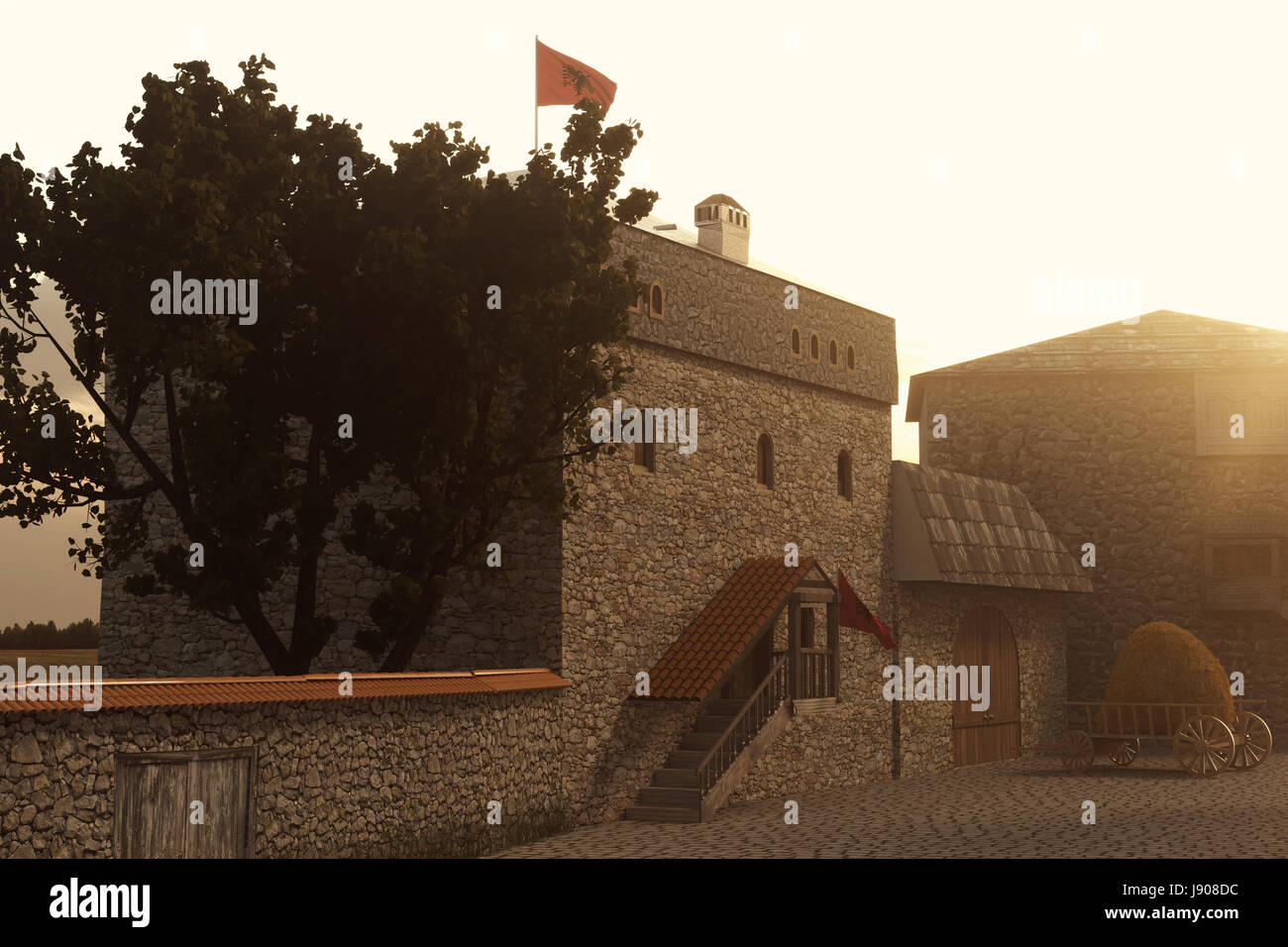 3d rendering of traditional Albanian Kulla Tower house in the evening ...