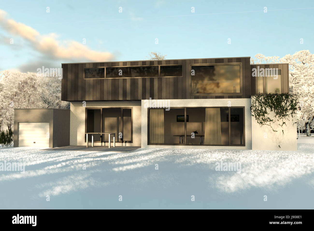 Modern house with garden covered with snow in the winter season Stock ...