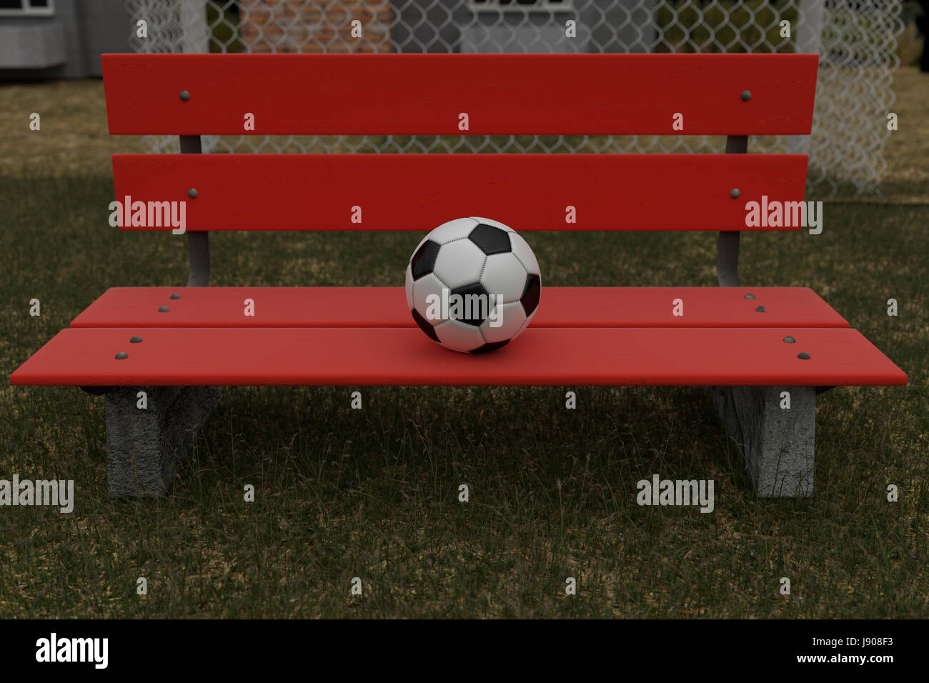 3d rendering of red park bench with ball on it at the field Stock Photo ...