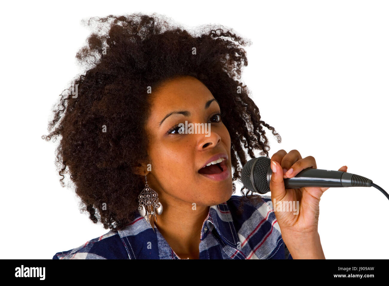 Beautiful african american woman karaoke singer - isolated on white ...