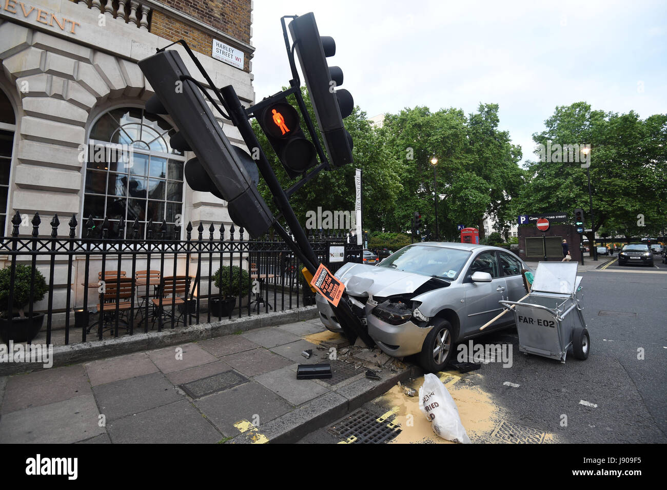 A General View Of The Scene After A Car Crashed Into A Lamp Post In