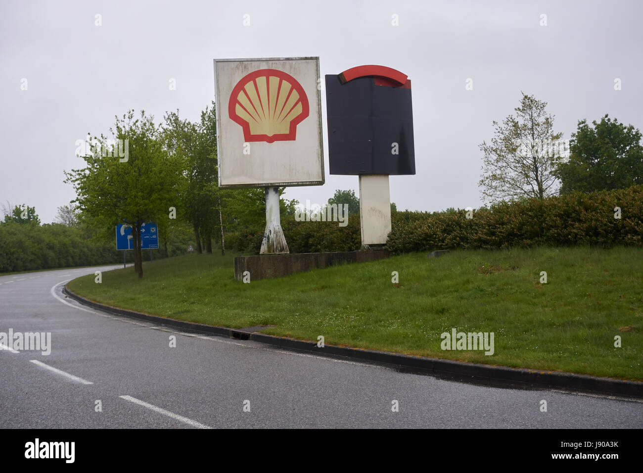 Shell logo in a signboard in a parking area on the highway in France ...