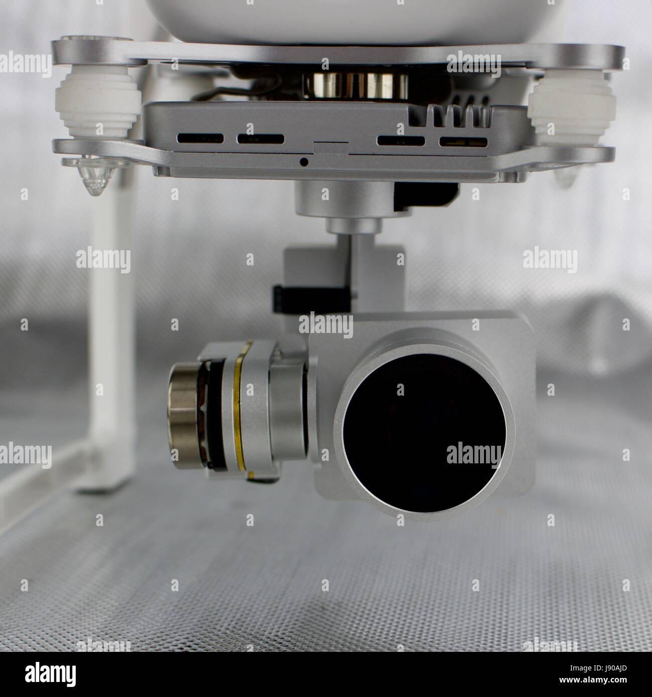 Flying aircraft video equipment. 4K 3 axis gimbal silver camera Stock ...