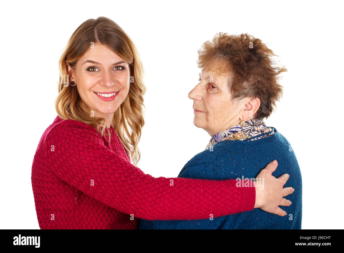 Picture of a kind woman helping an old lady - isolated background Stock ...