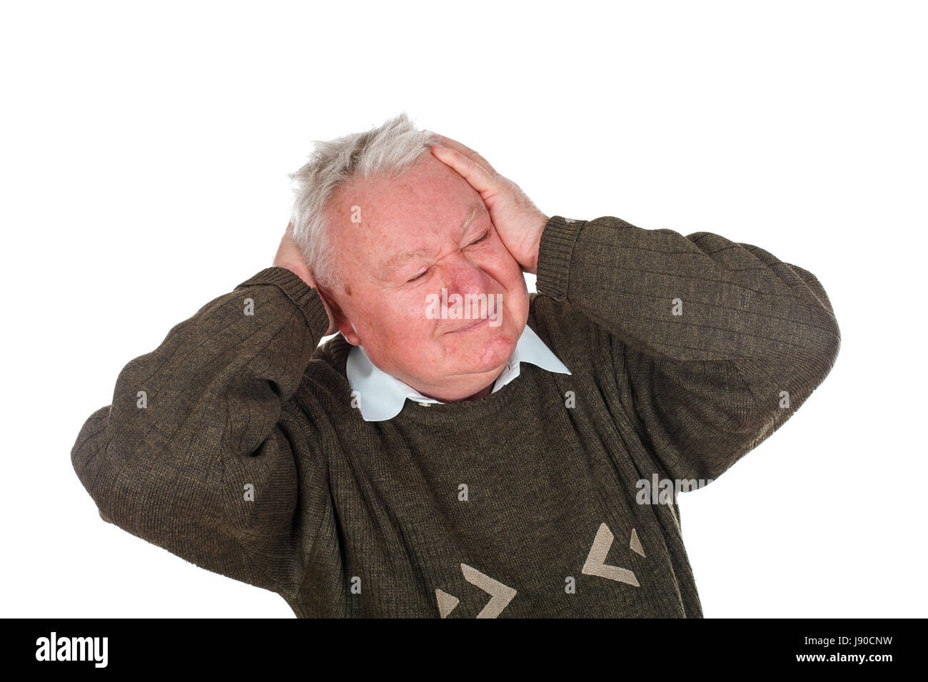 Picture of an old man having a serious headache - isolated background ...