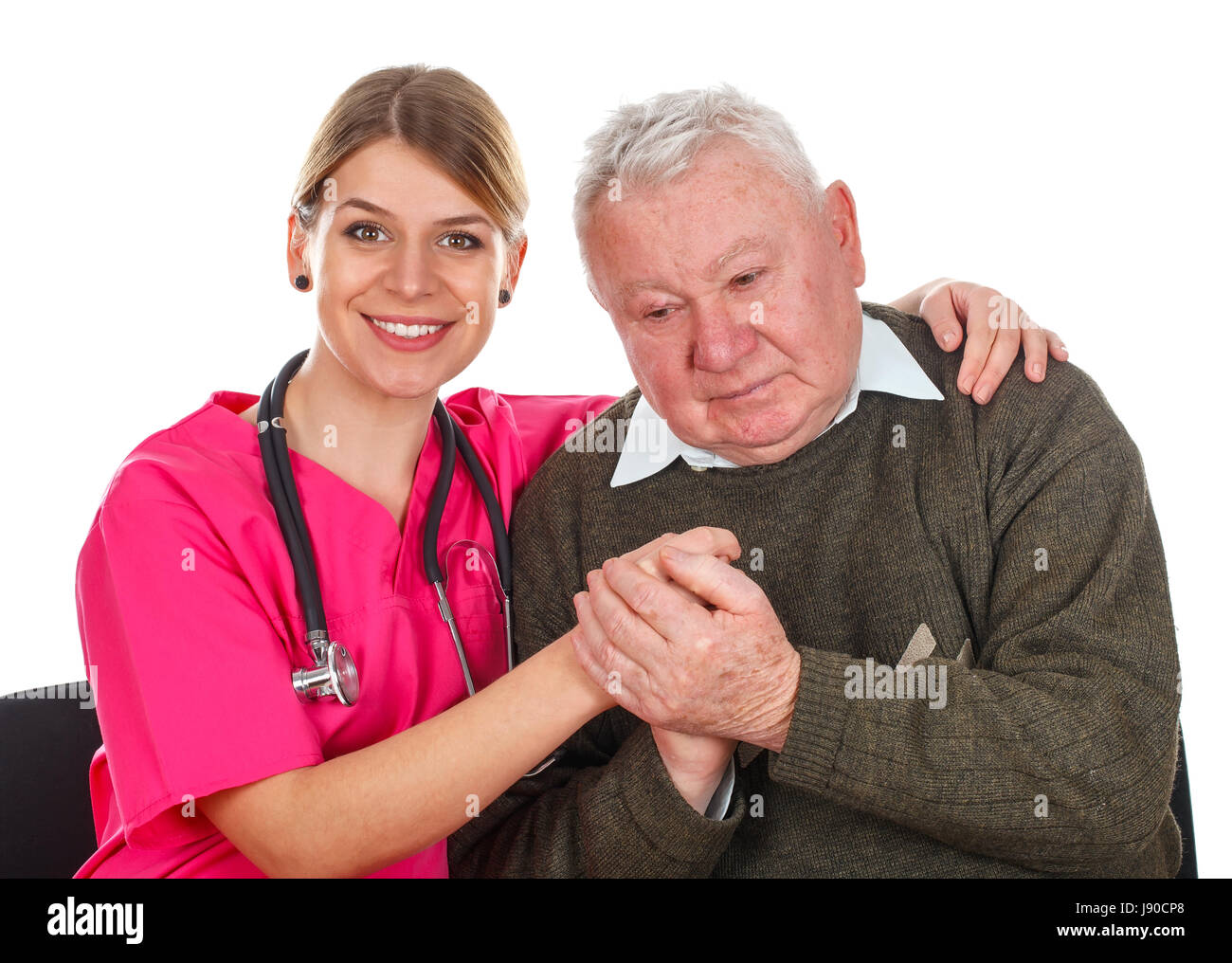 Picture of an old man with his smiling caregiver - isolated background ...