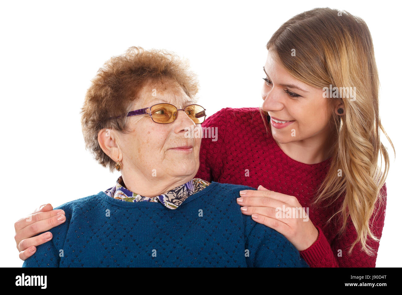 Picture of a kind woman helping an old lady - isolated background Stock ...