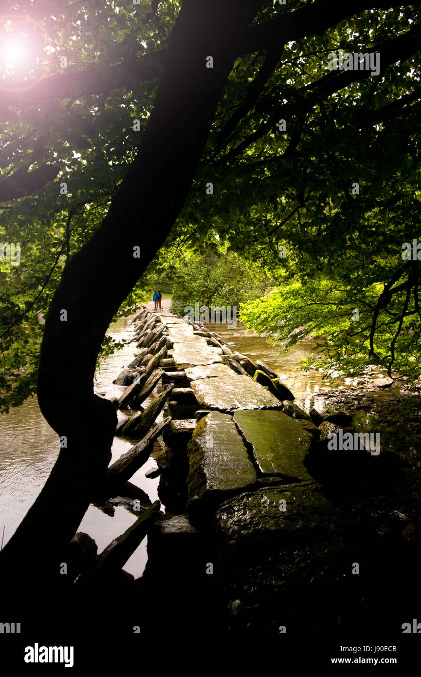 The Tarr Steps, clapper bridge across the River Barle in the Exmoor ...