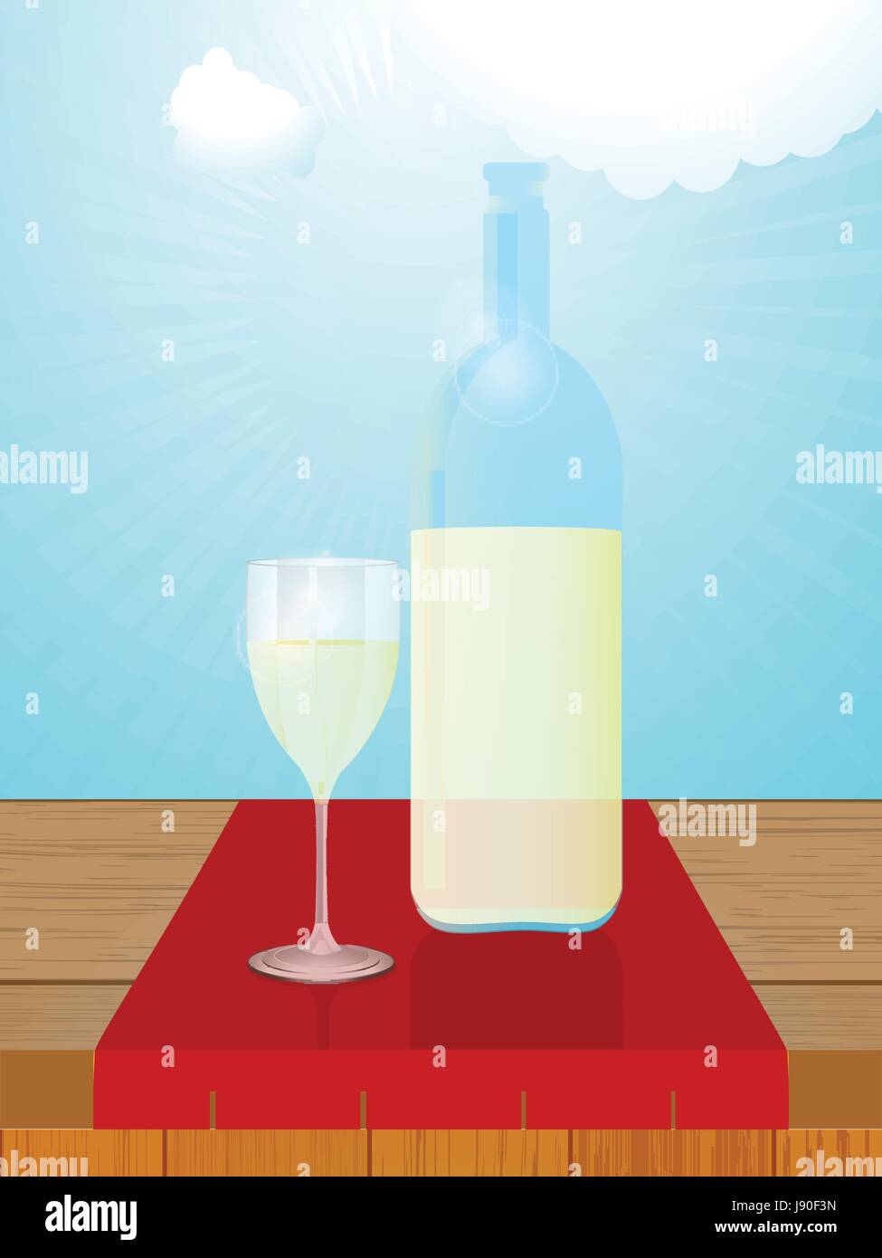 Glass Bottle of White Wine and Full Glass Over Wood Table on Sunny Sky ...