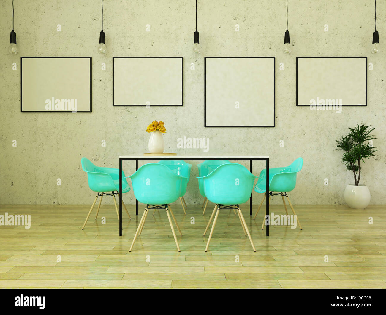 Beautiful dining table with turquoise chairs on wooden floor in front ...