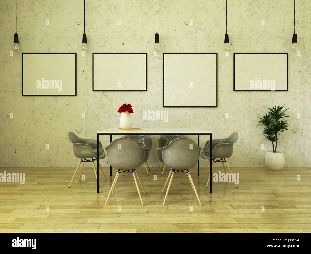 Beautiful dining table with gray chairs on wooden floor in front of a ...