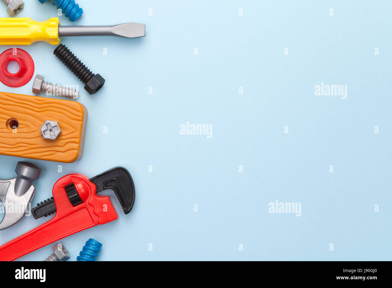 Toys tools on blue background. Copy space. Flat lay. Top view Stock ...