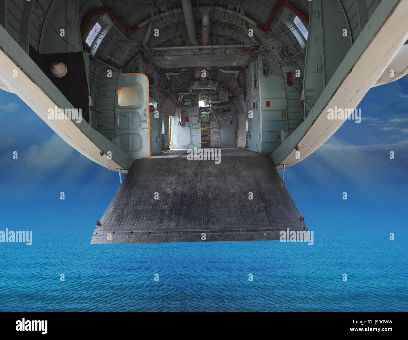 inside of military plane flying over sea use for military theme Stock ...