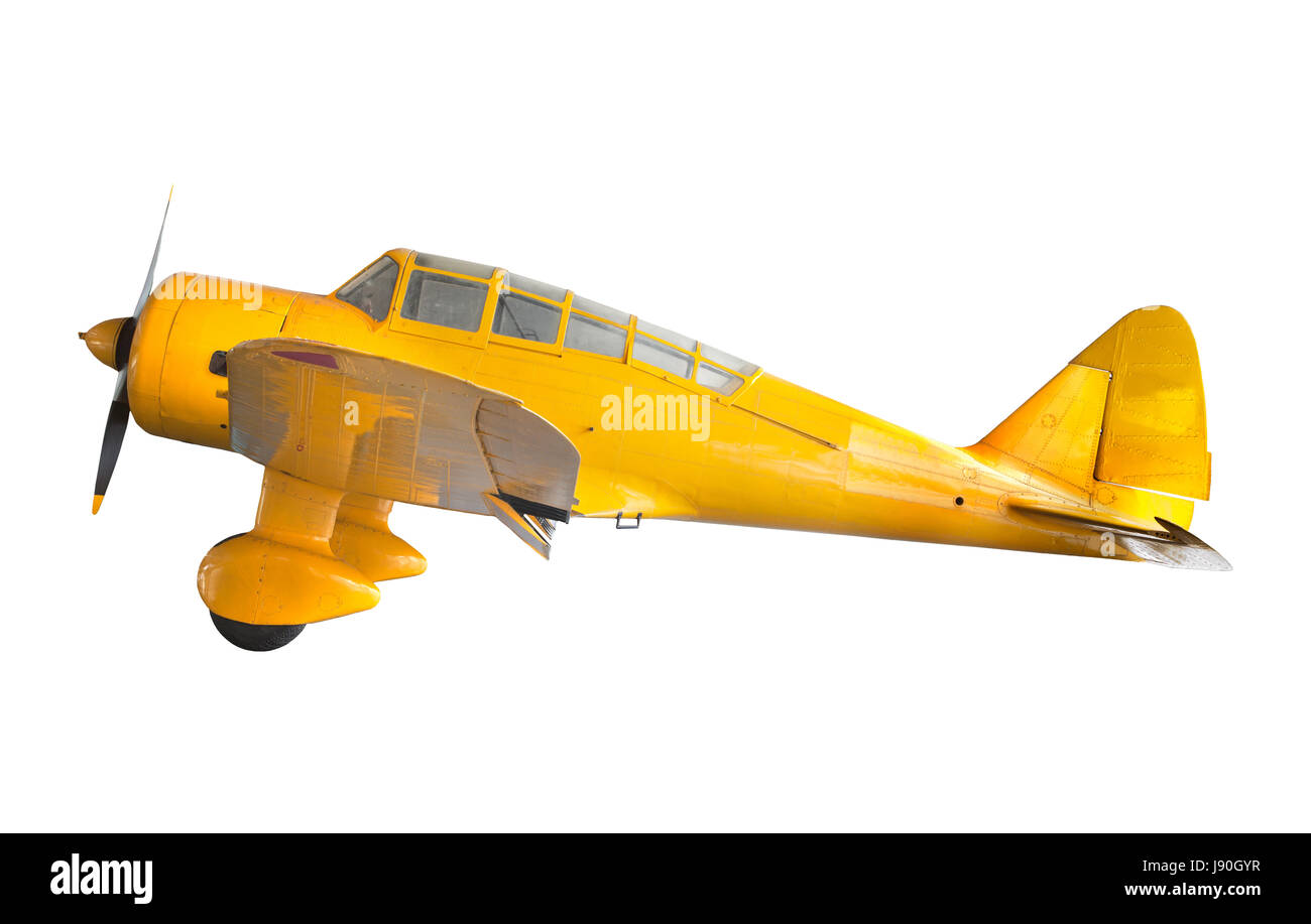 old classic yellow plane isolated white background Stock Photo - Alamy