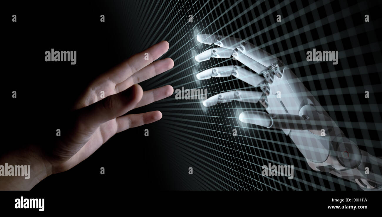 Hands of Robot and Human Touching Through Virtual Grid on Black ...