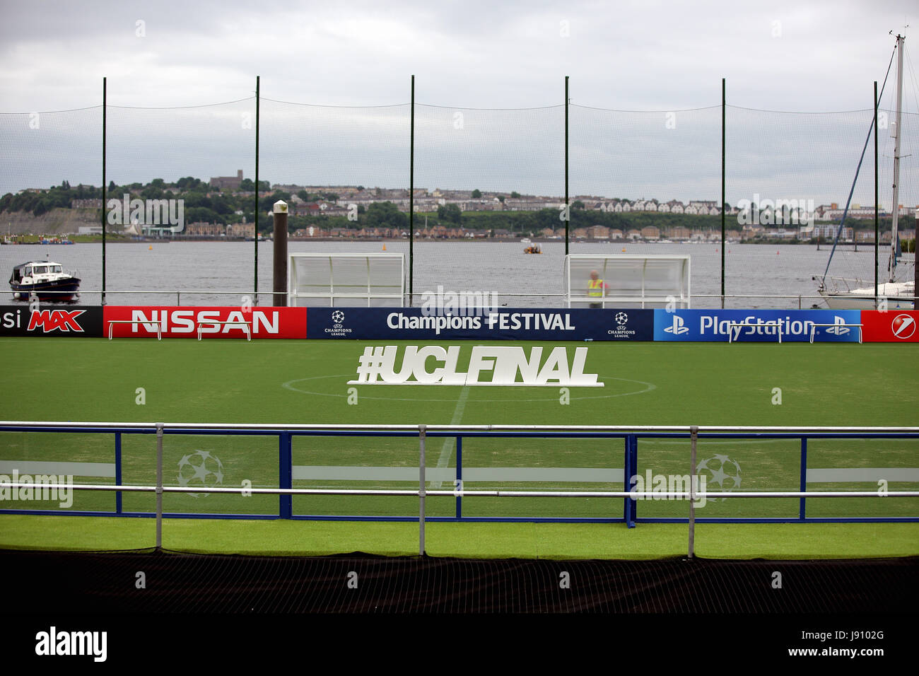 Cardiff, UK. 31st May, 2017. A floating pitch in Cardiff Bay ...