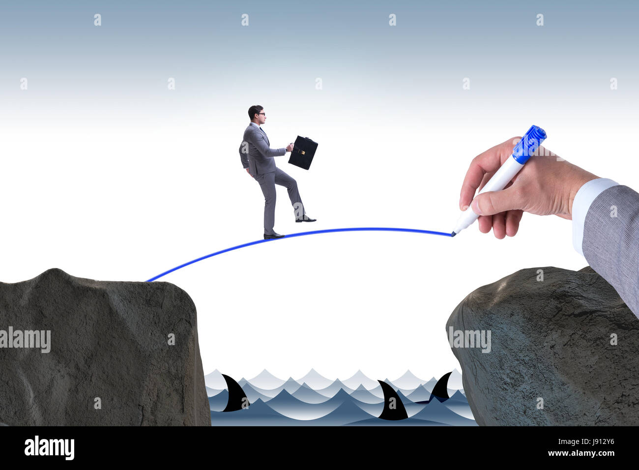 Hand drawing bridge under businessman Stock Photo - Alamy