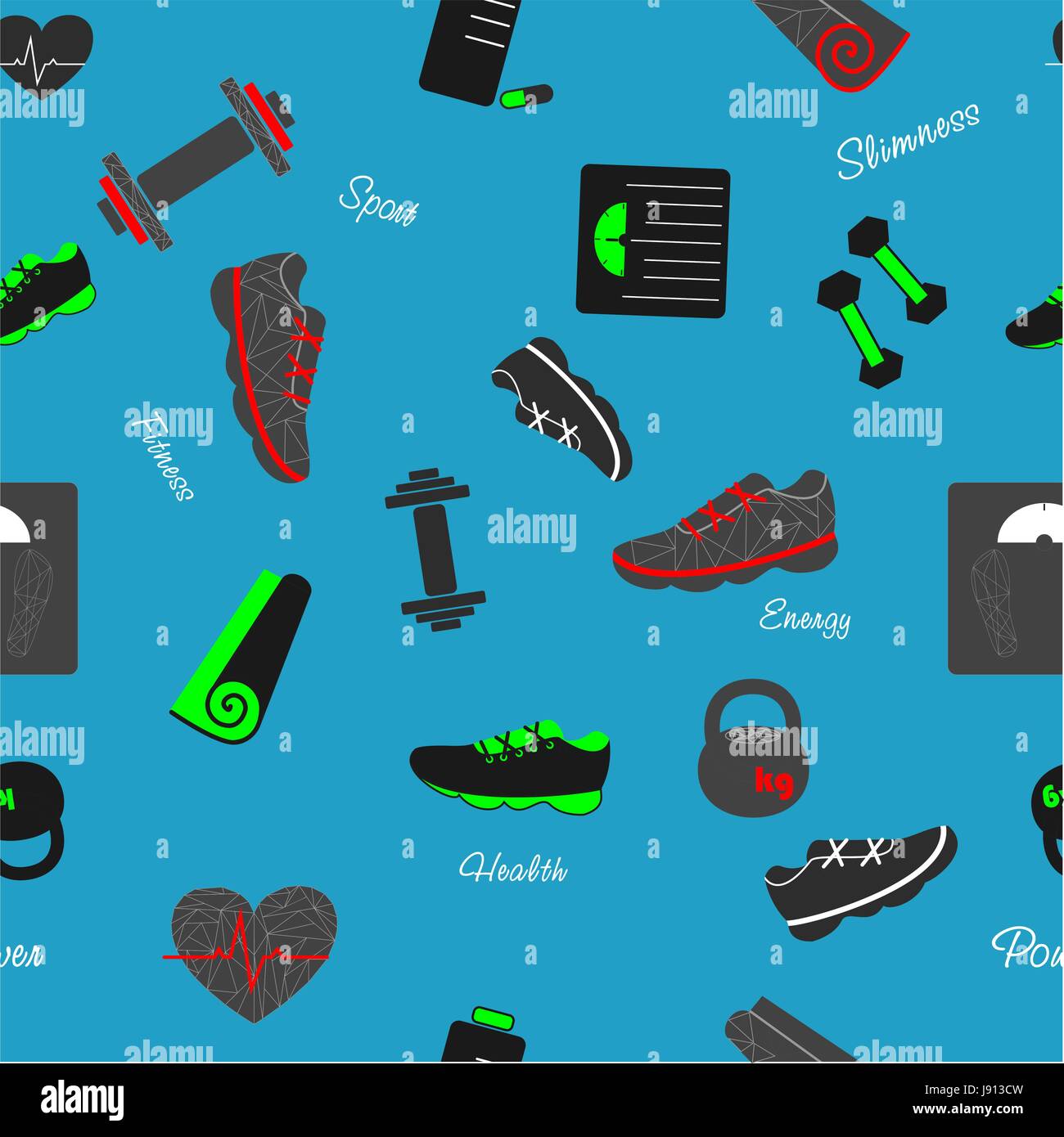 Seamless pattern on the blue background with sport and fitness elements ...