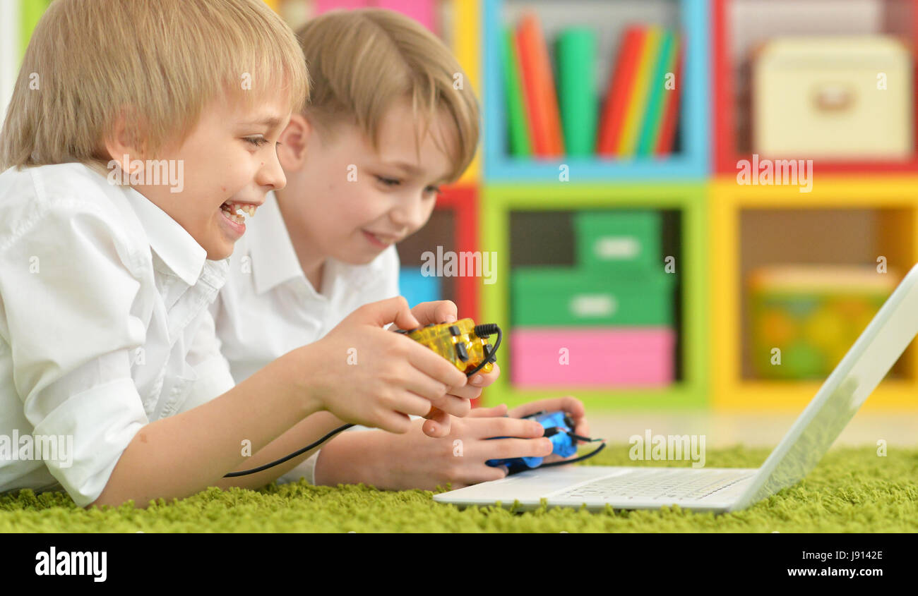Portrait of two brothers playing a computer game Stock Photo - Alamy