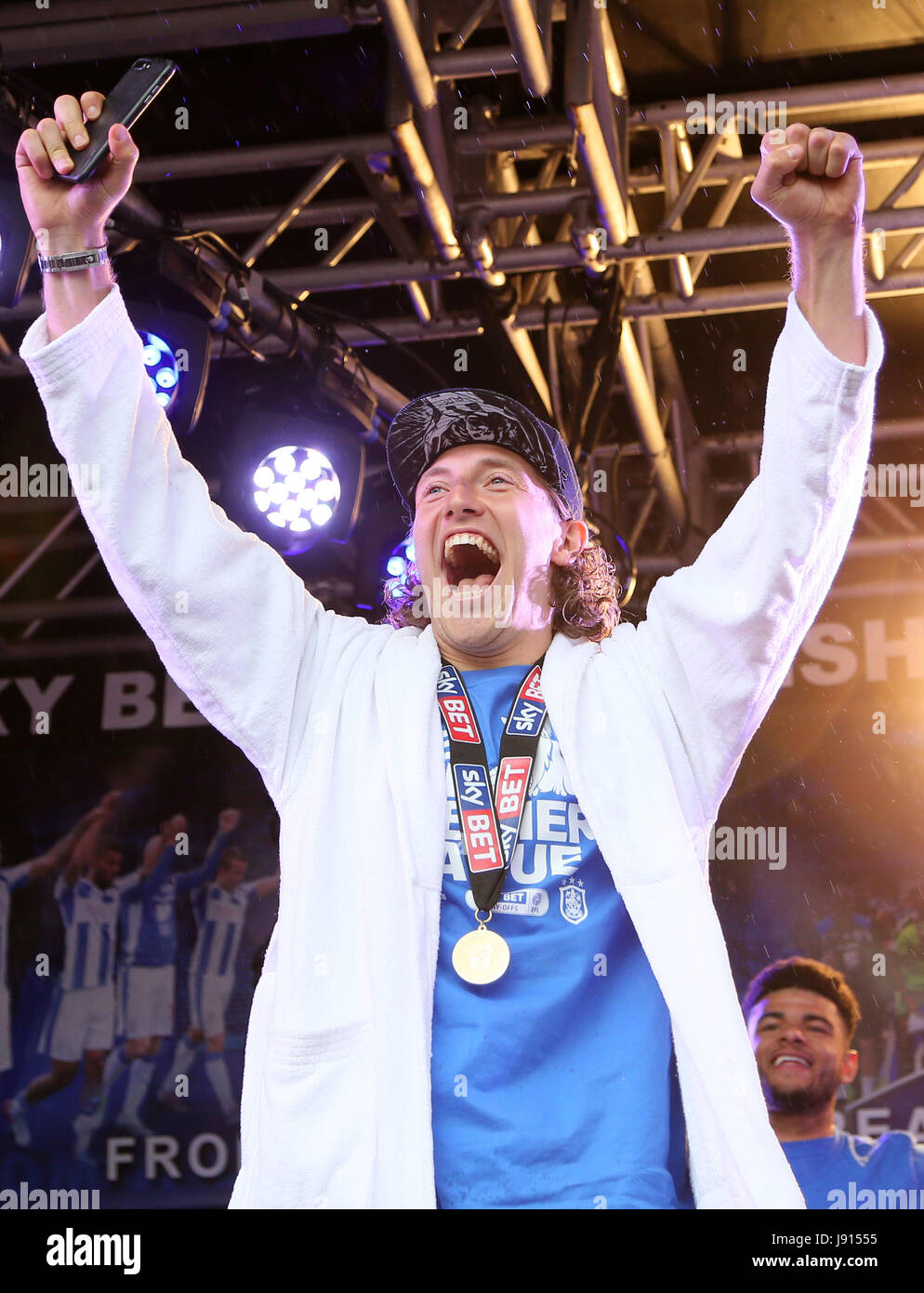 Huddersfield Town's Michael Hefele on stage during the promotion parade ...