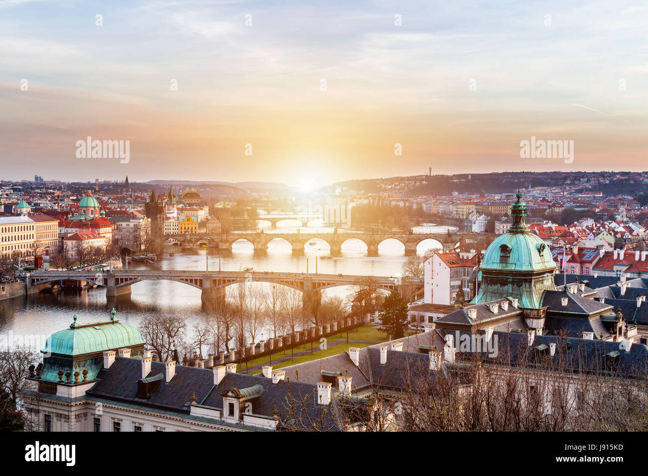 View of the most important bridges in Prague: Charles bridge, Palace ...